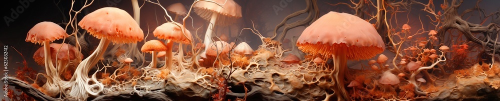 Fungus mycelium close up in copyspace banner. Microcosm of spores ...