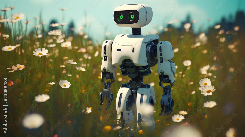 Robot, Flower field, Technology, Nature, Innovation, Futuristic, Robot ...