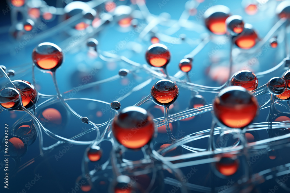 Science concept. Round water molecules connected with each other. Light ...