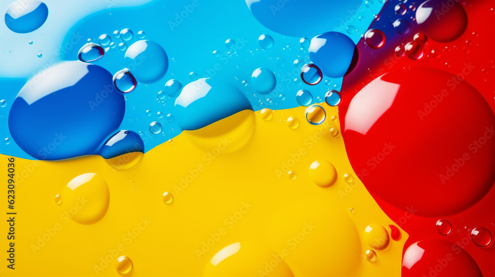 Colorful liquid drops water background with red , blue and yellow ...