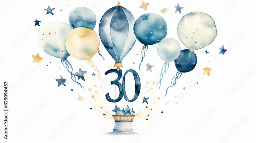 Watercolor 30th birthday clip art with 30 figures and balloons isolated ...
