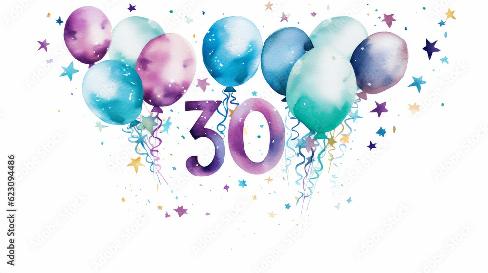 Watercolor 30th birthday clip art with 30 figures and balloons isolated ...