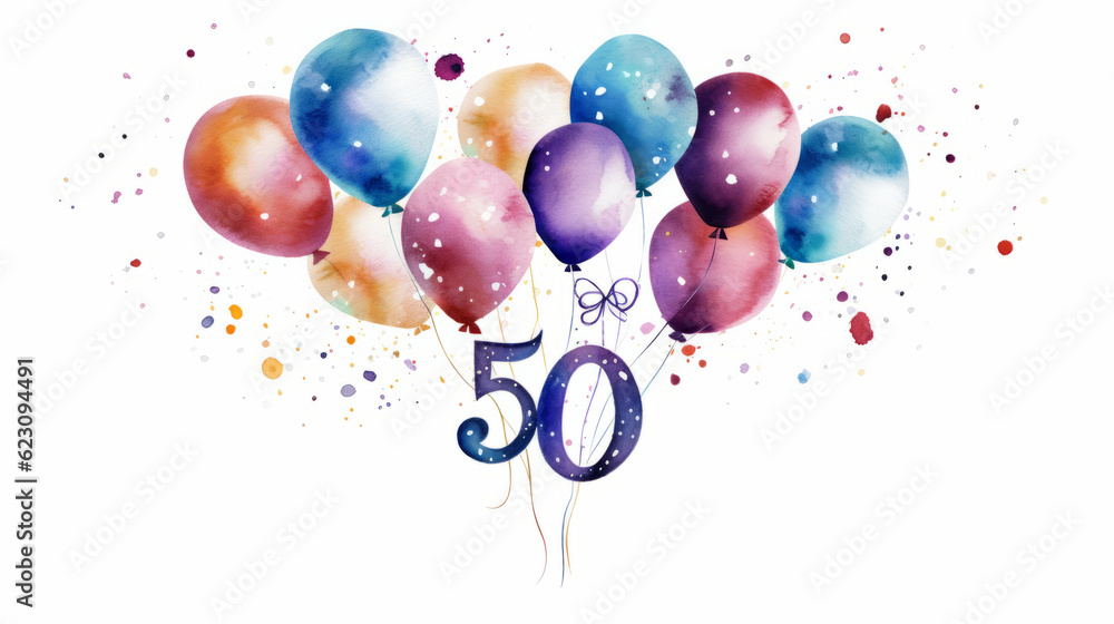Watercolor 50th birthday clip art with 50 figures and balloons isolated ...