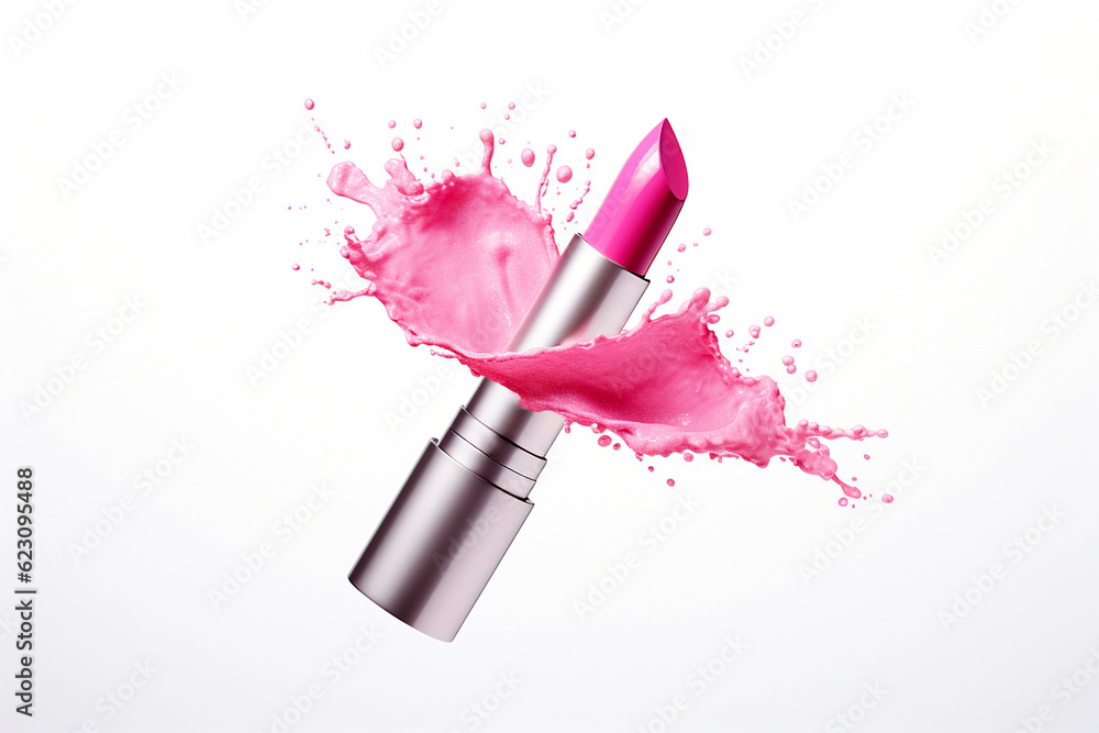 Pink lipstick in a silver chrome tube with floating liqiud around it ...