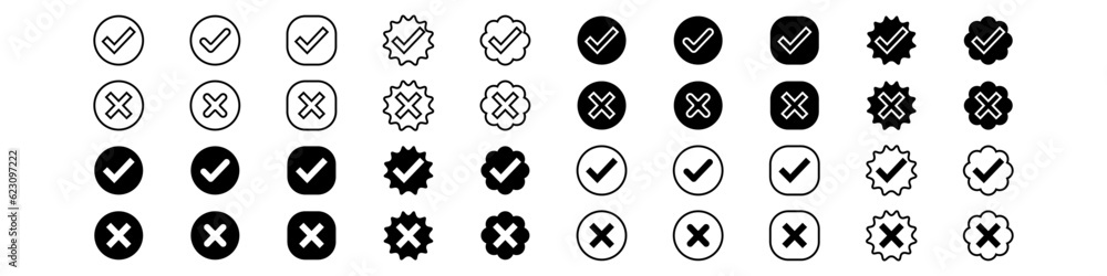 Set of check and not check marks icons. Tick and cross. In different ...