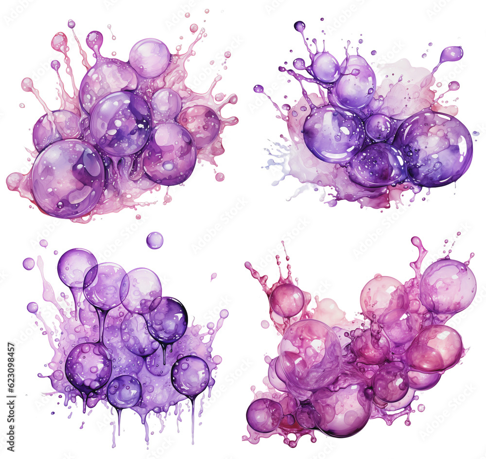 beautiful purple and pink bubbles in watercolor, on a transparent ...