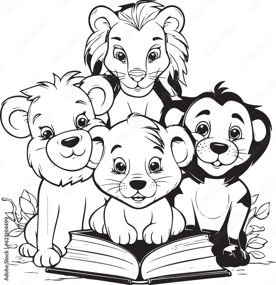 animal group cartoon outline illustration. Coloring book for children ...