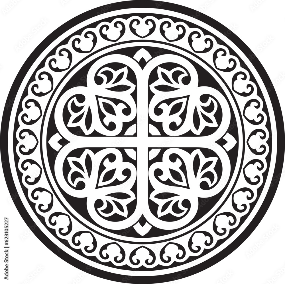Vector black monochrome round ancient Byzantine ornament. Classical ...