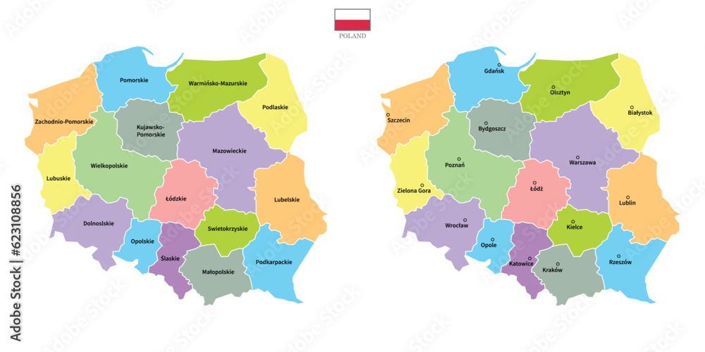 Two Poland maps background with regions, region names and cities in ...