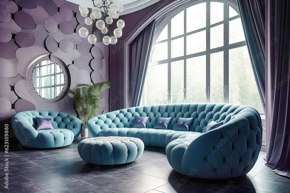 Blue tufted curved sofa, pouf and lounge chair against violet paneling ...