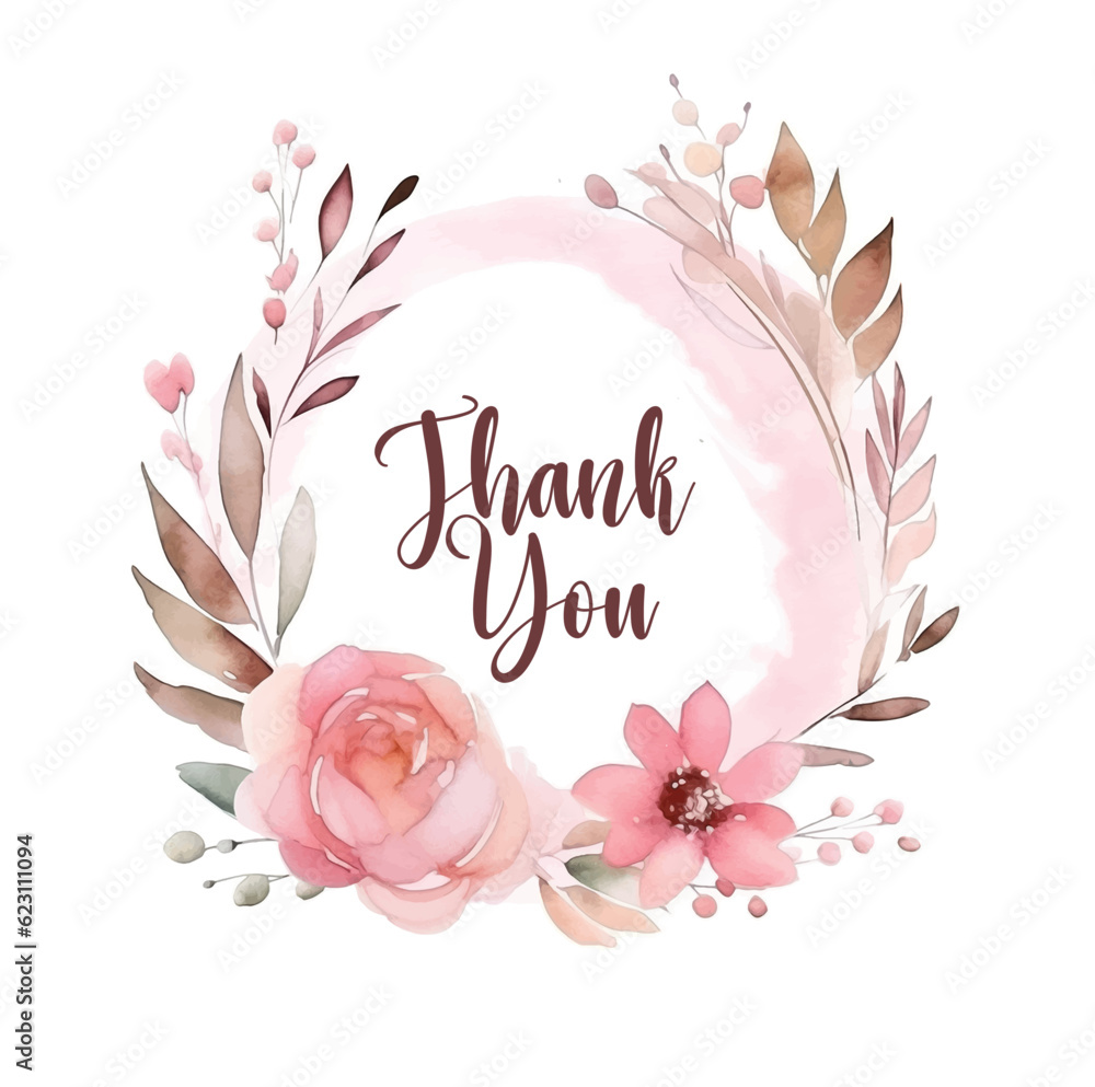 Thank you card pink flowers wreath watercolor hand painted Stock Vector ...