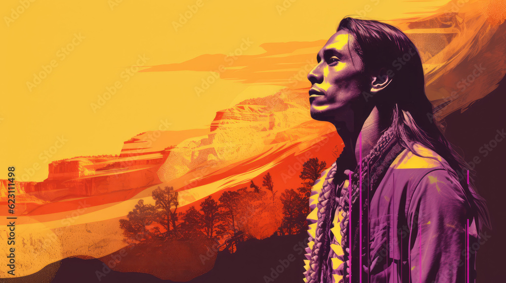 Colorful collage of Native American Indian man and southwest desert ...