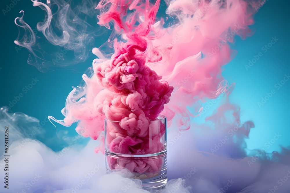 Puffs of pink smoke in front of a blue background stock photo, in the ...