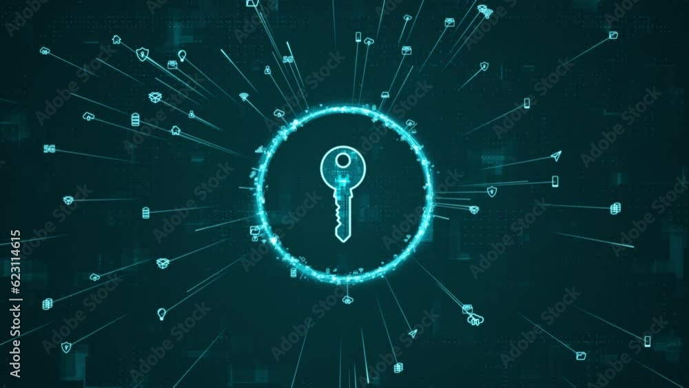 Motion graphic of Blue digital security key logo and ring rotation ...