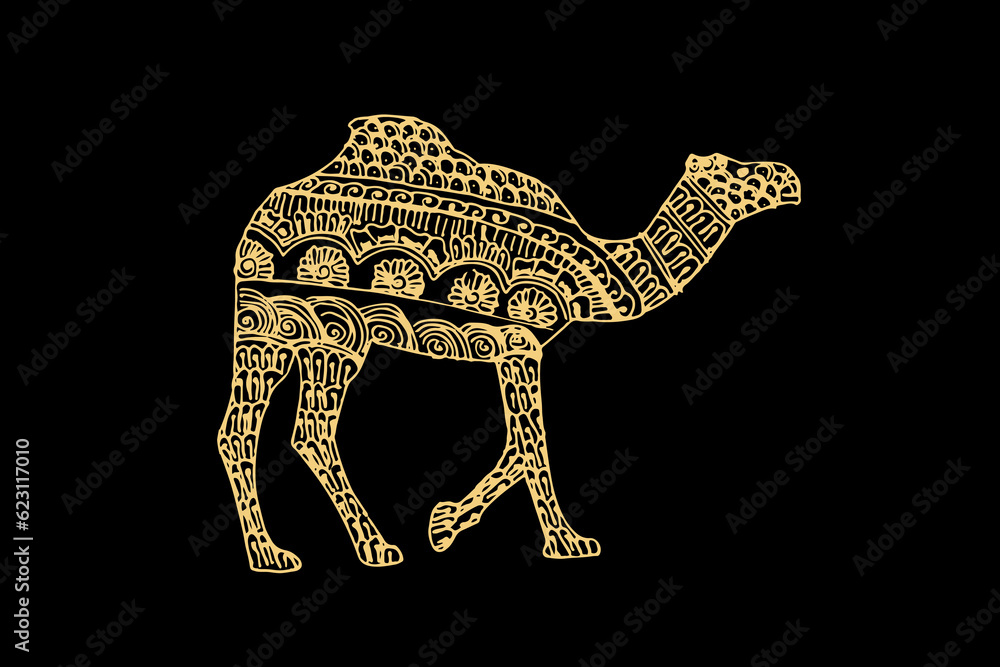 Zentangle art for Camel with gold color isolated on dark black background - vector illustration ...