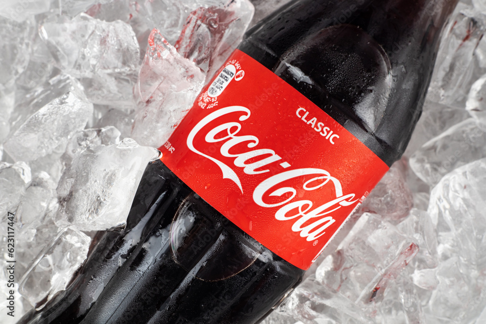 Batumi, Georgia - July 10, 2023: Glass bottle of Coca Cola on ice. Coca ...