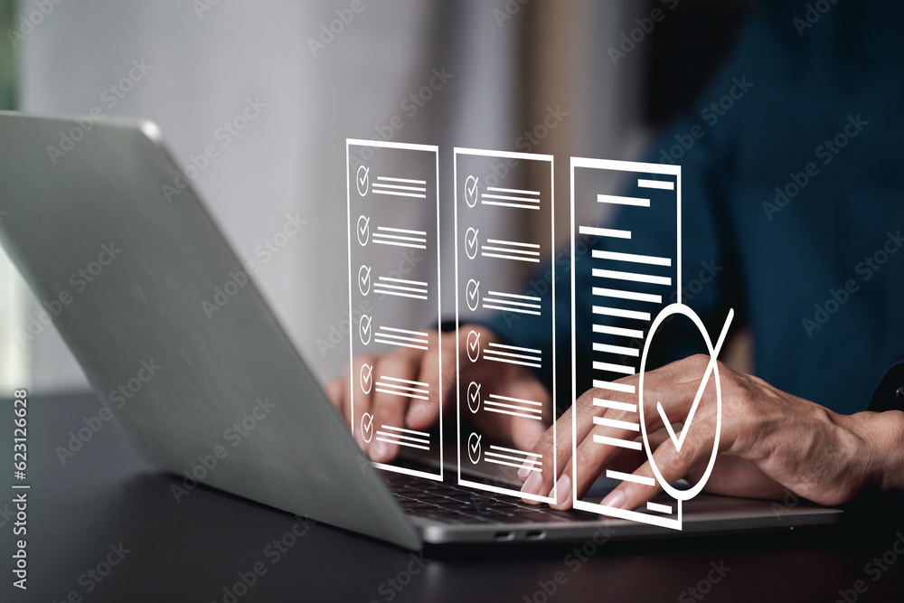 Performance checklist, businessman using checklist survey, filling out ...