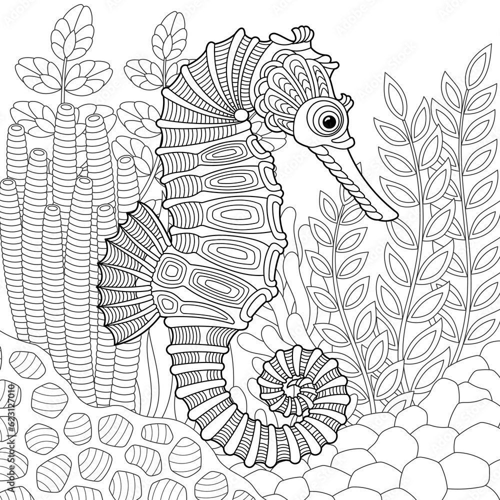 Seahorse coloring page. Outline sea design in mandala and zentangle ...