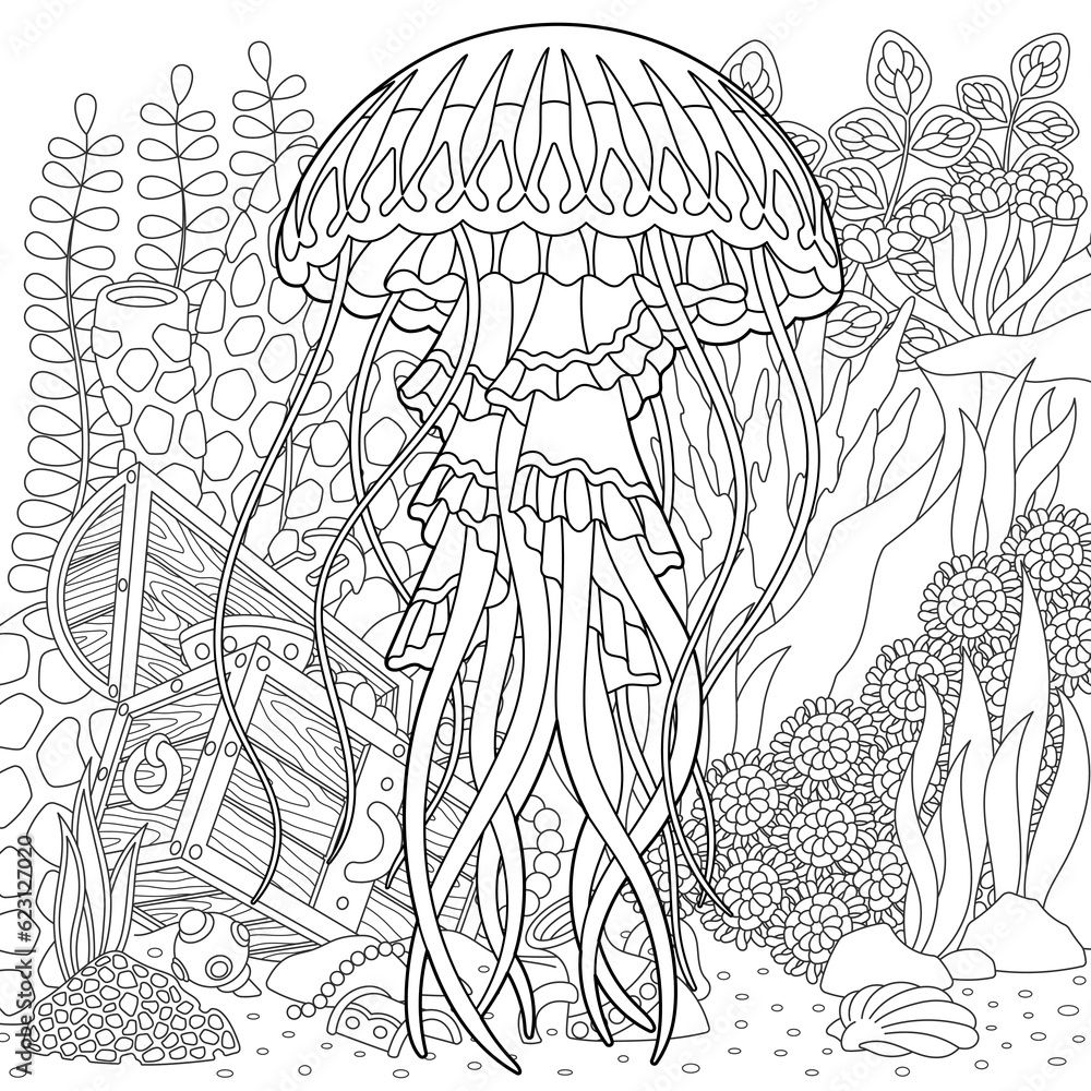 Jellyfish coloring page. Outline sea design in mandala and zentangle ...