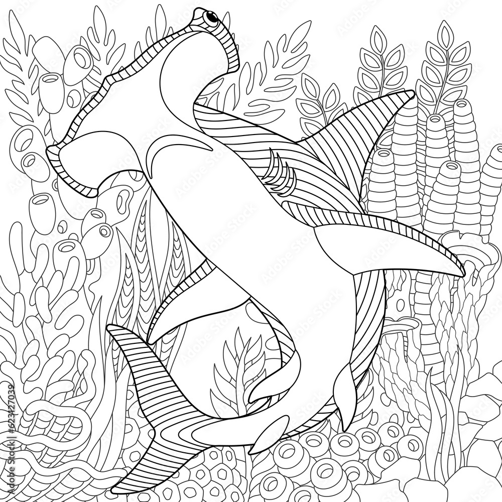 Hammerhead shark coloring page. Outline sea design in mandala and ...
