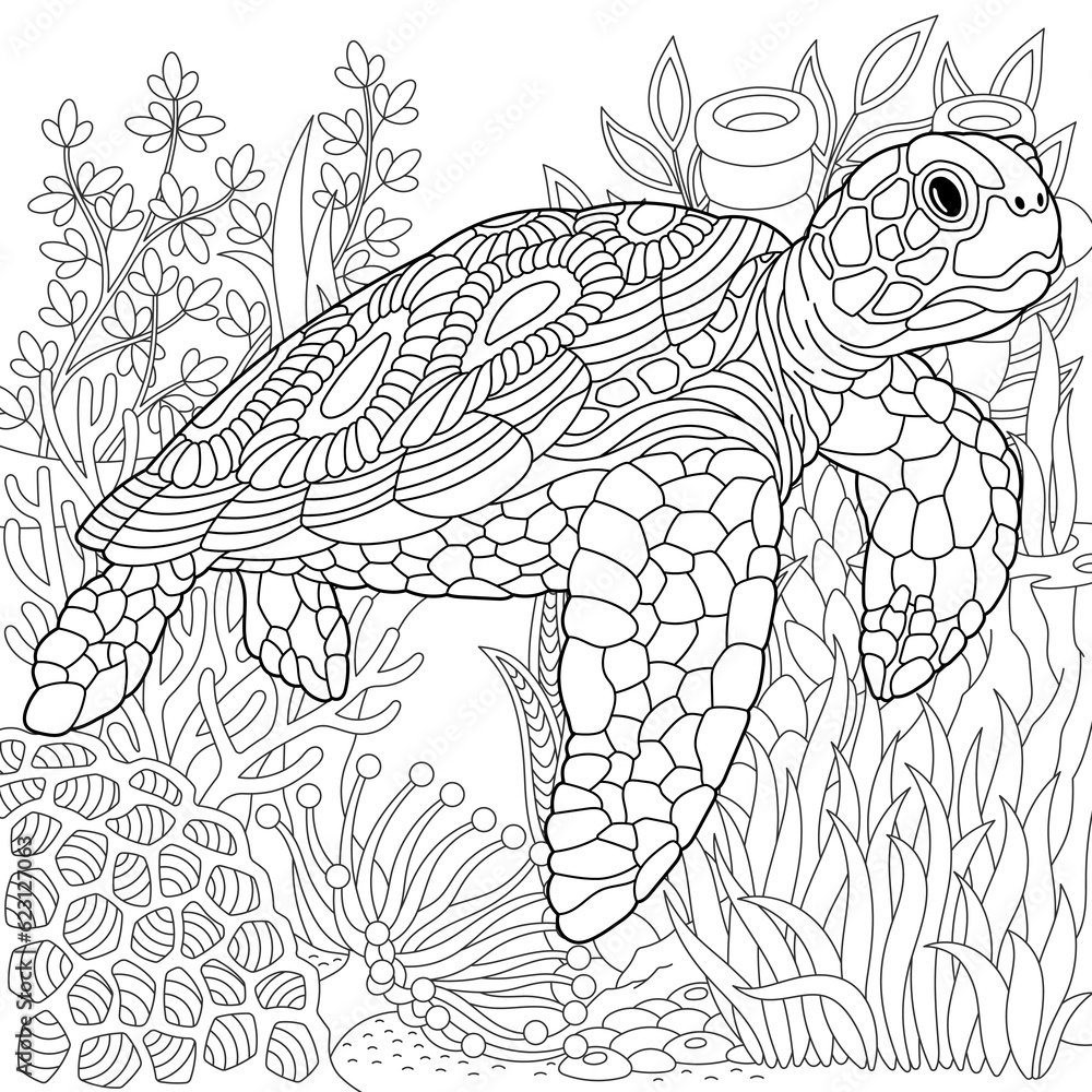 Turtle coloring page. Outline sea design in mandala and zentangle style ...