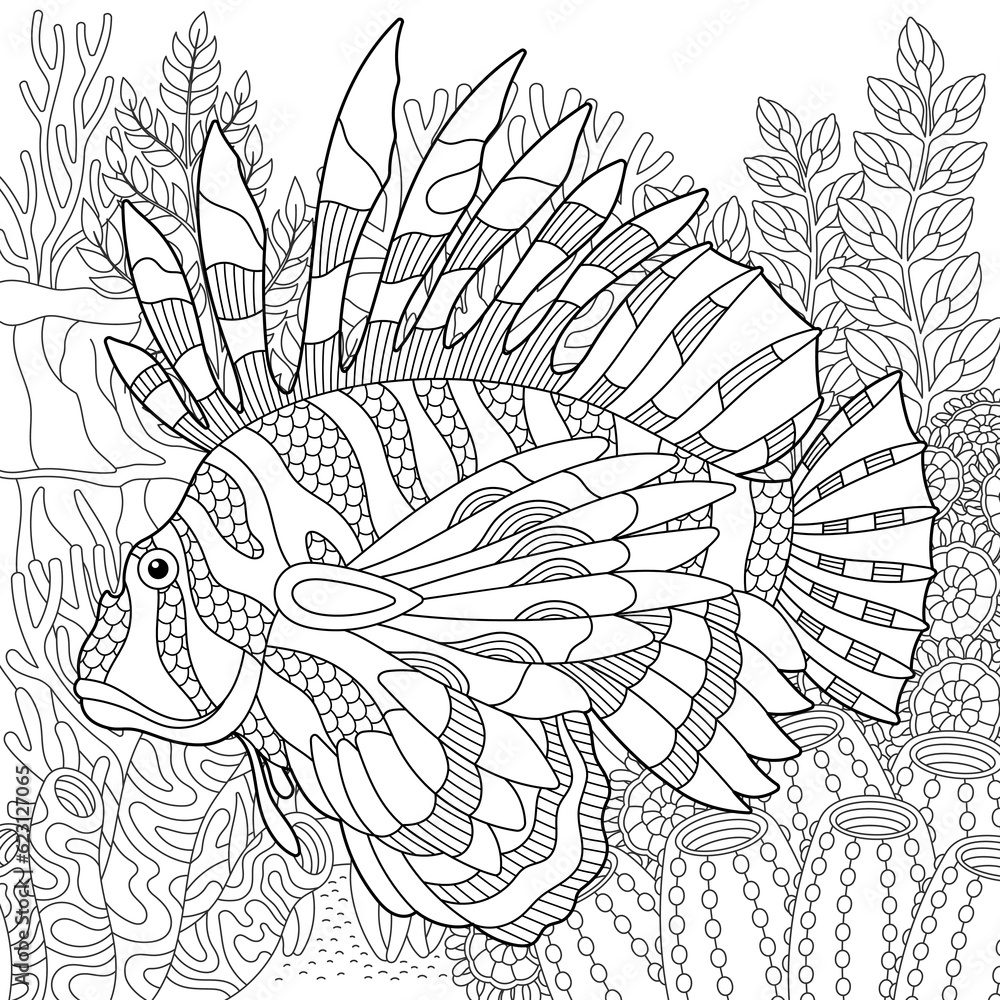 Lionfish coloring page. Outline sea design in mandala and zentangle ...