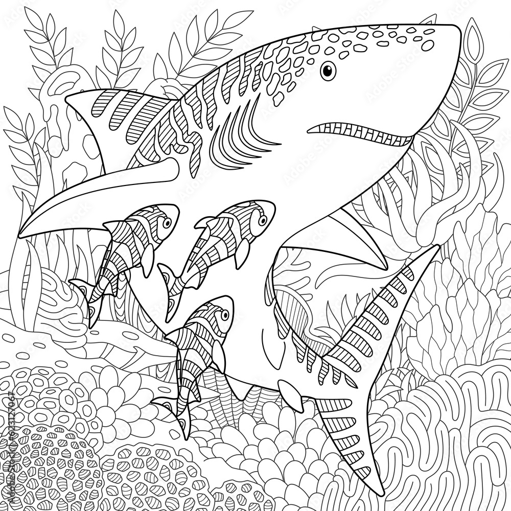 Shark and fishes coloring page. Outline sea design in mandala and ...