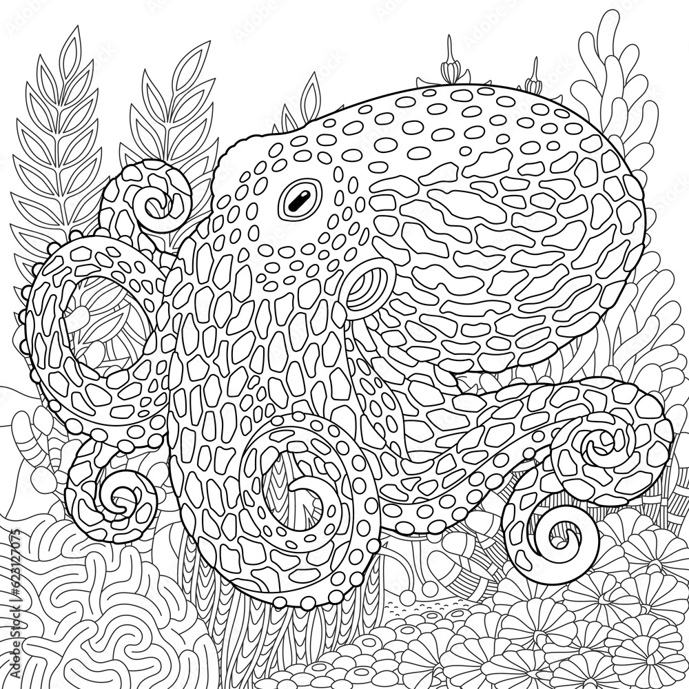Octopus coloring page. Outline sea design in mandala and zentangle ...