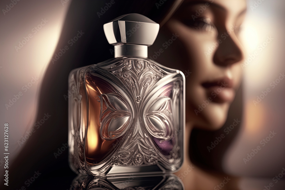 Woman with bottle of perfume, perfume bottle on the background of a ...