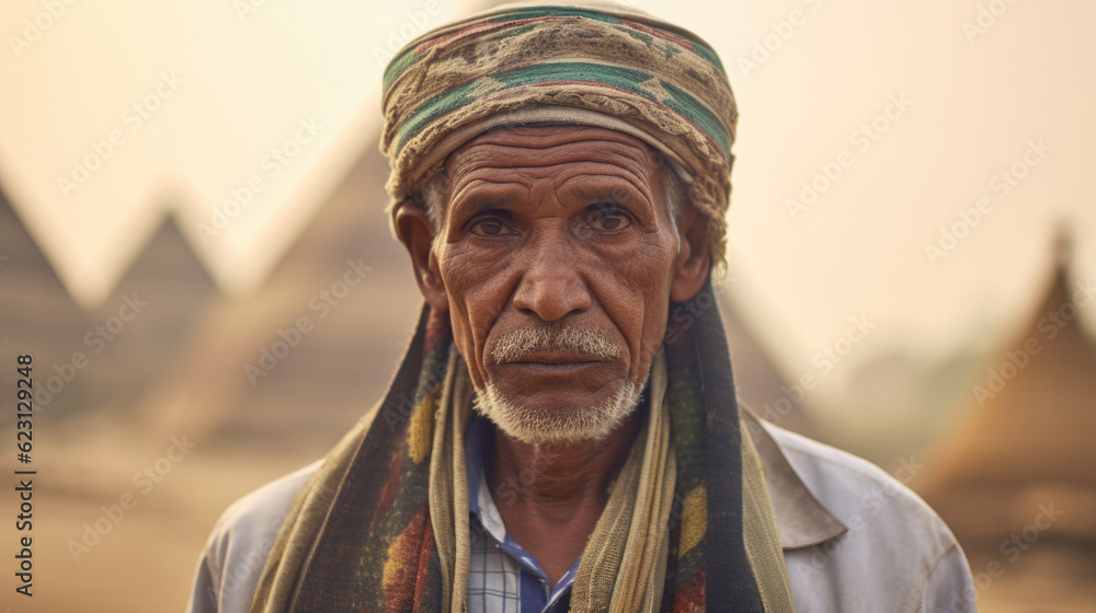A dignified Egyptian man adorned in traditional attire, reflecting the ...