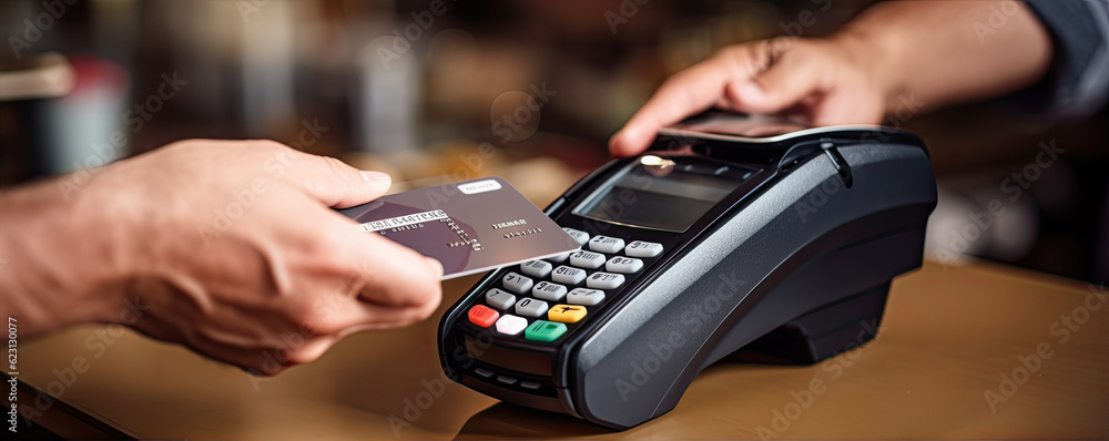 Customer using credit card and pay terminal for payment. panorama photo ...