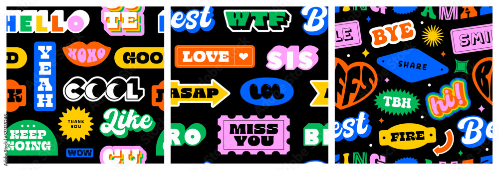 Funny retro text quote sticker seamless pattern set. Colorful vintage ...
