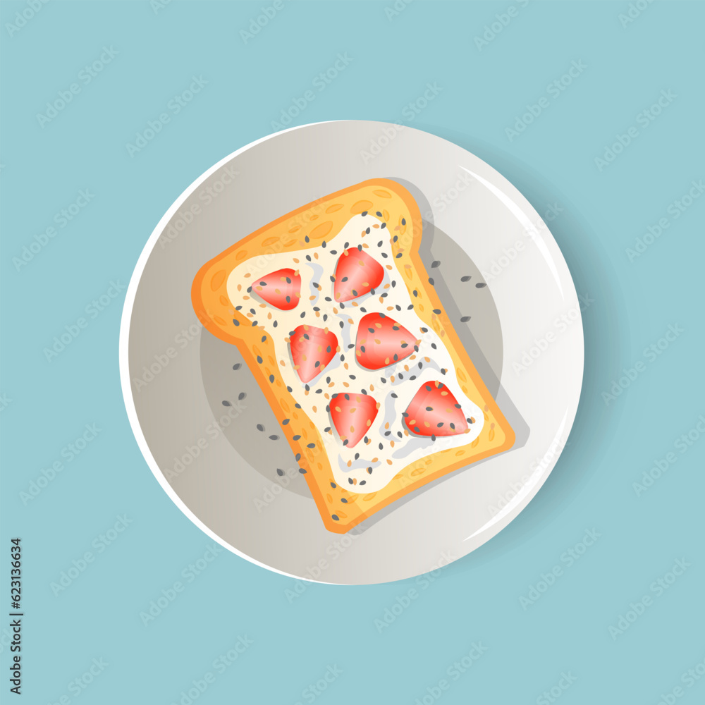toast with cream cheese and strawberry and seeds, slice of bread for ...