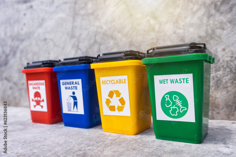 The concept of waste classification for recycling. Collection of bins ...