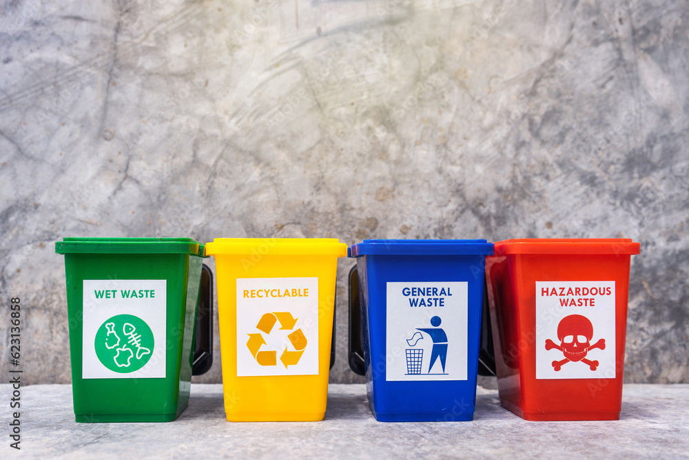 The concept of waste classification for recycling. Collection of bins ...