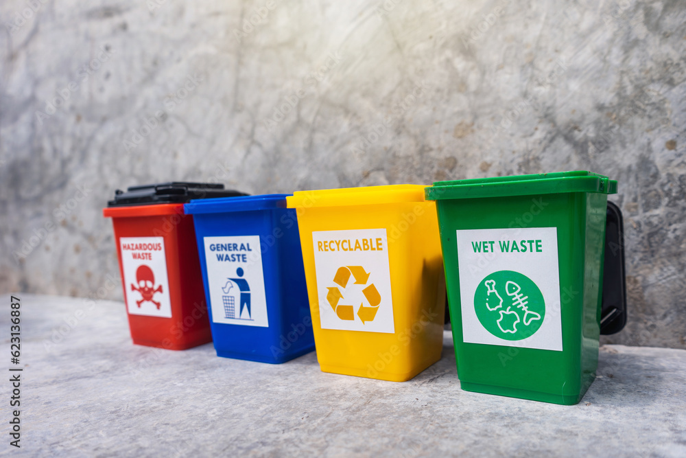 The concept of waste classification for recycling. Collection of bins ...