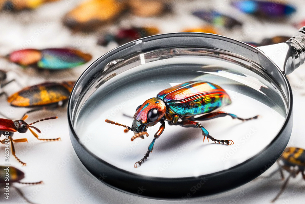 Closeup, magnifying glass and jewel beetle on white studio background ...