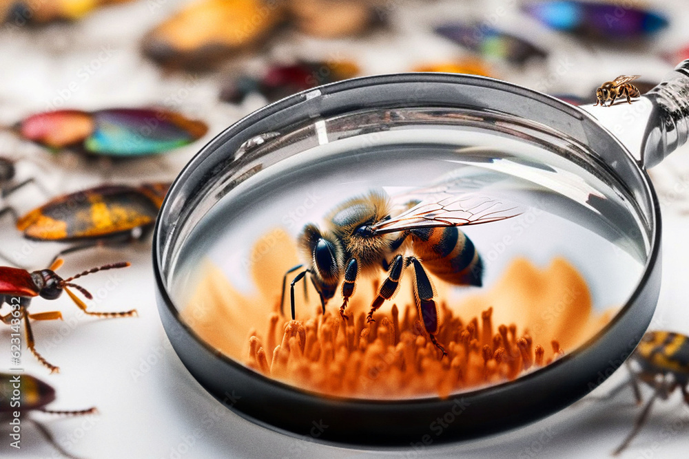 Closeup, magnifying glass and honeybee with daisy flower on white ...