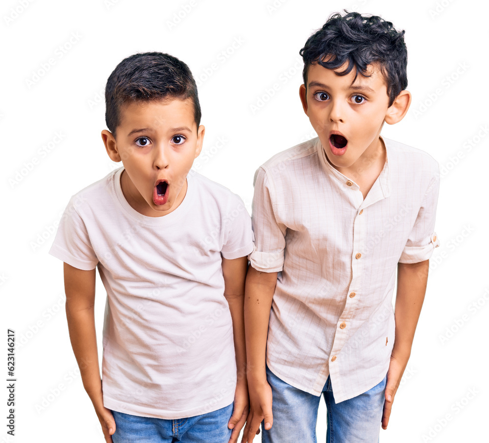 Couple of little brothers together wearing casual clothes scared and ...
