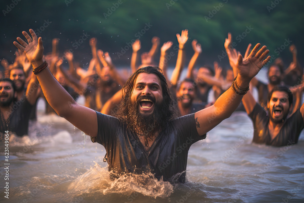 Group of Indian men in the Ganges river doing the ritual of the sacred ...