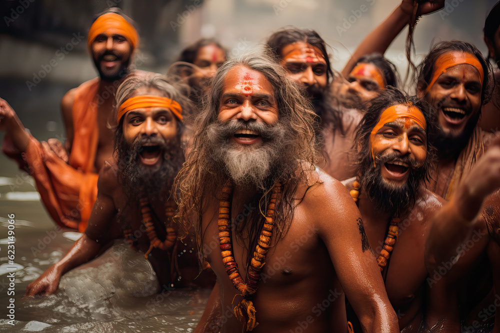 Group of Indian men in the Ganges river doing the ritual of the sacred ...