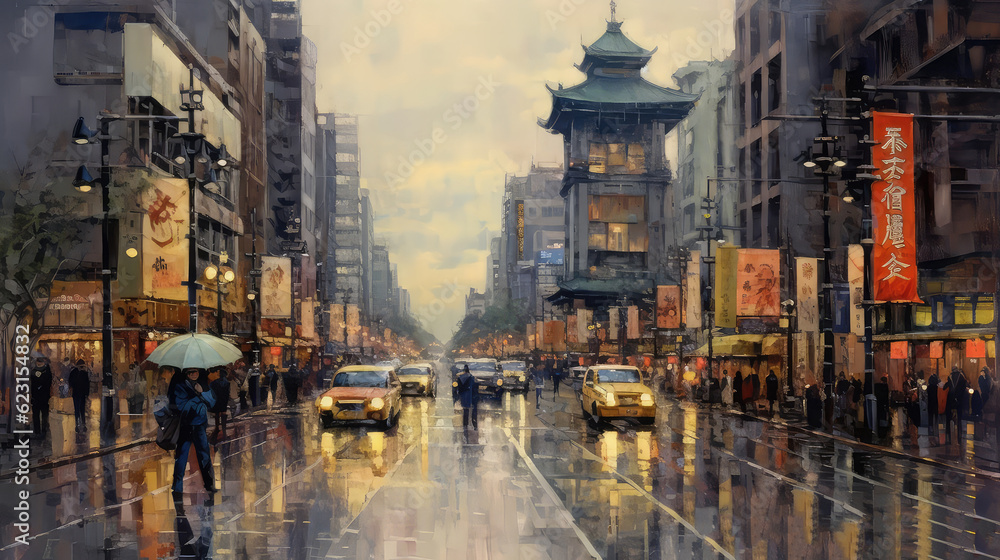 Japan's Osaka in a rainy weather. Original oil painting on canvas. (ai ...