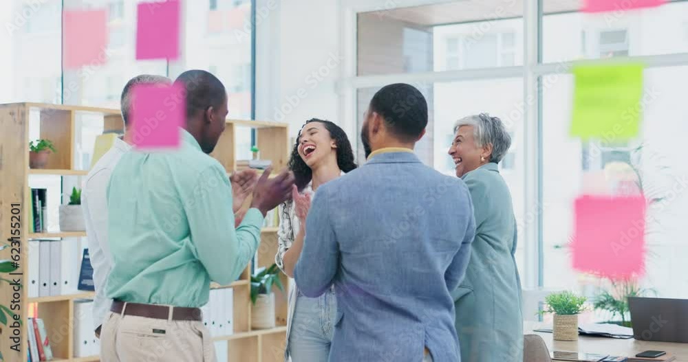 Creative people, high five and applause in celebration for team ...