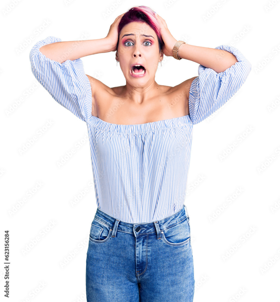 Young beautiful woman with pink hair wearing casual clothes crazy and ...