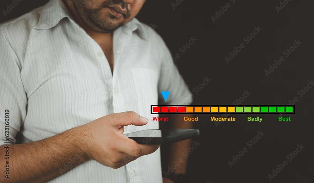 Choosing a satisfaction rating scale. Unhappy men choosing a ...