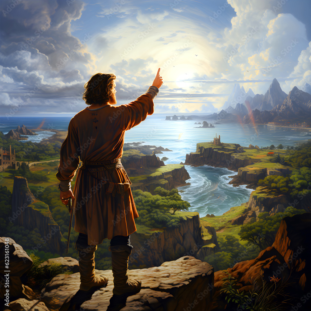 Portrait of Christopher Columbus stepping into the New World, navigator ...