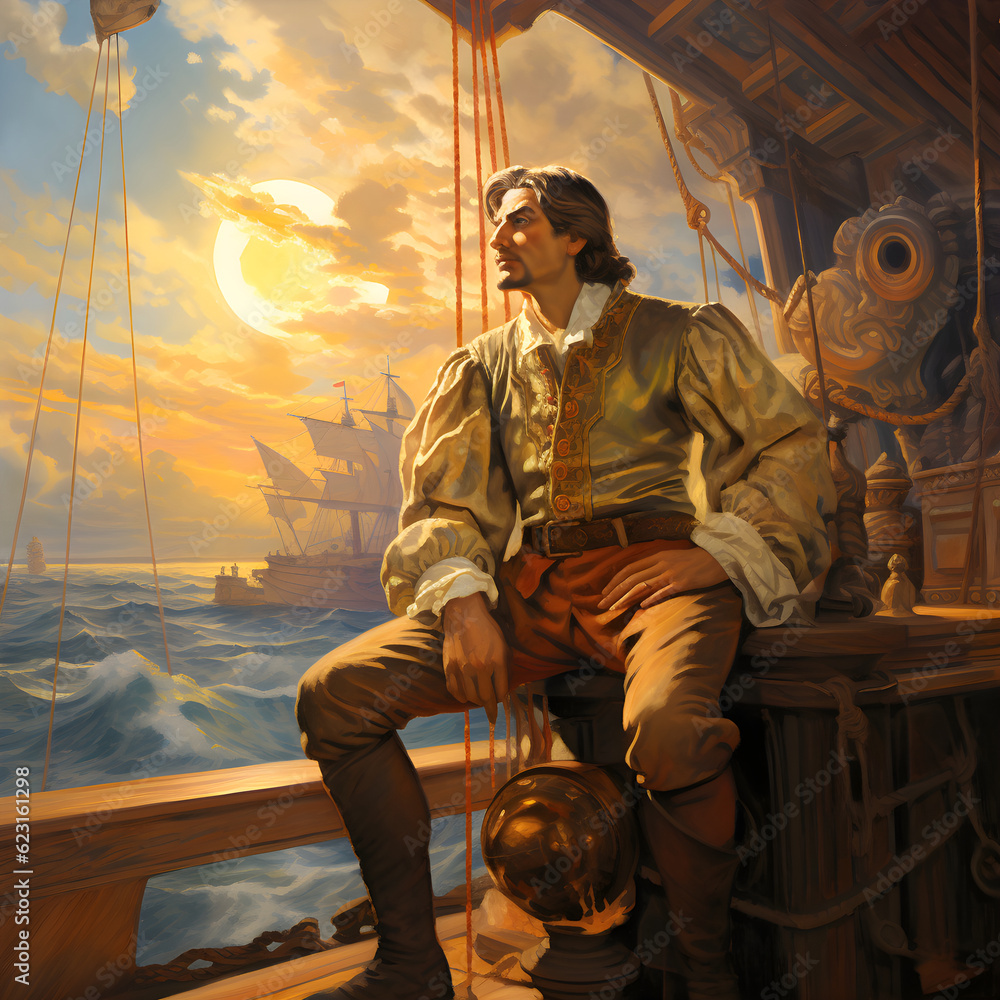 Portrait of Christopher Columbus on a ship, navigator and explorer ...