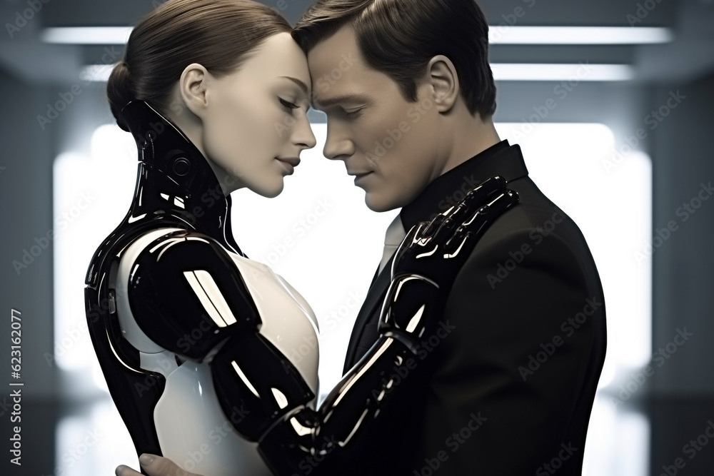 Love relationship between a human and a robot. The connection of human feelings. Future attitud ...