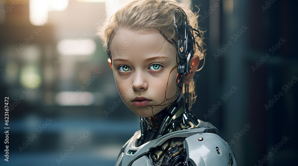 Kids girl android of nine years old head robot with part of skin and ...