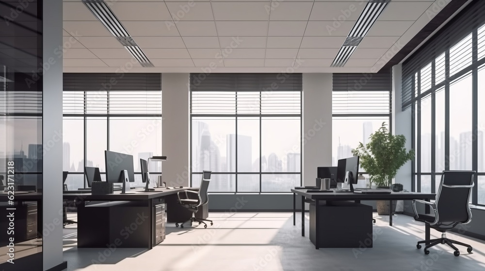 Daytime office space with row of working office table and work station ...